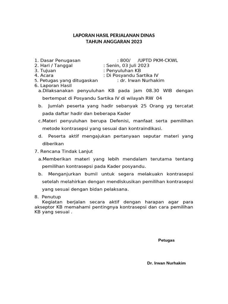 LAPORAN HASIL PERJALANAN DINAS Dr. Irwan | PDF