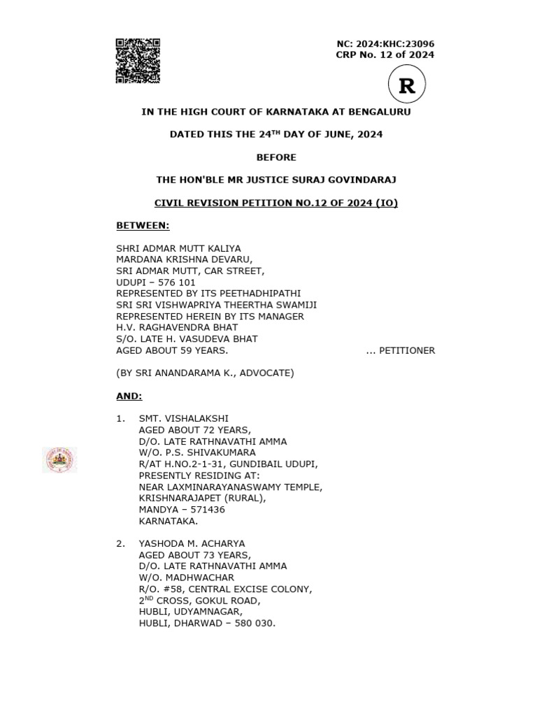 Admar Mutt Kaliya Mardana Krishna Devaru Vs Vishalakshi and Others ...