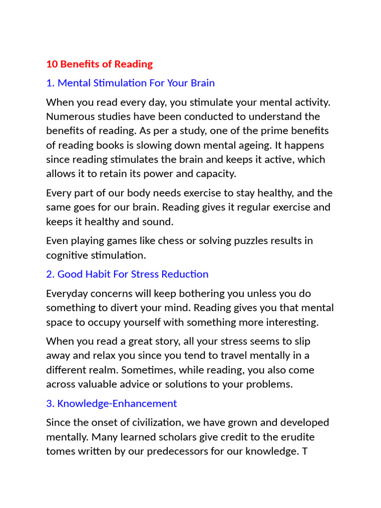 10 Benefits of Reading | PDF | Knowledge | Memory
