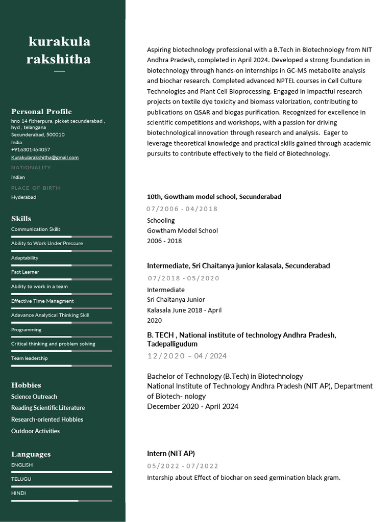 Kurakula Rakshitha Bio Resume | PDF | Quantitative Structure–Activity Relationship | Biotechnology