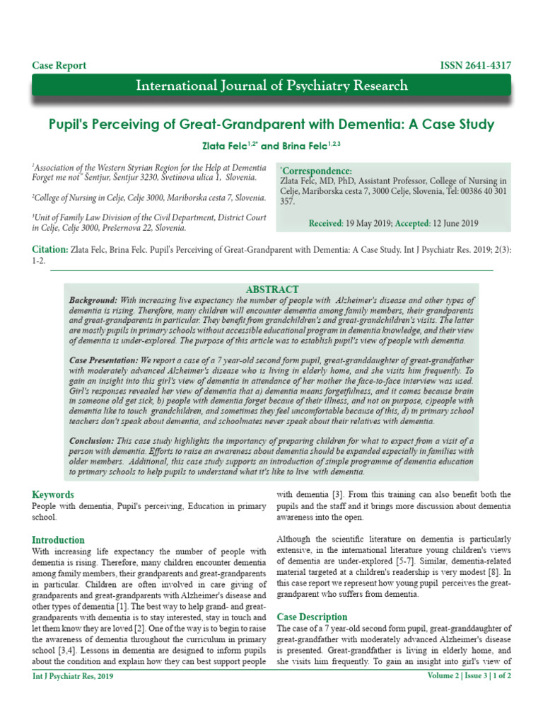 Pupils Perceiving of Greatgrandparent With Dementia A Case Study | PDF ...