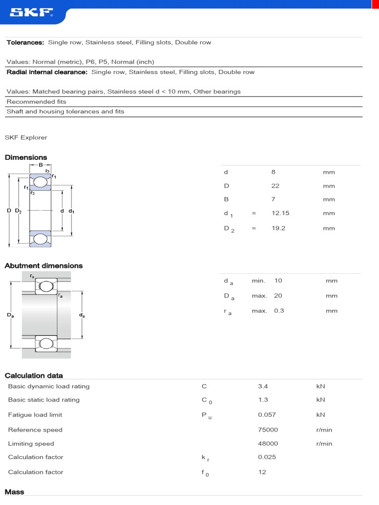 SKF Bearing Specifications and Tolerances | PDF
