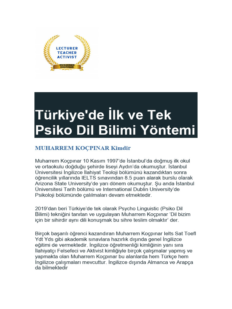 Turkiyede Ilk Ve Tek Psiko Dil Bilimi Yo | PDF