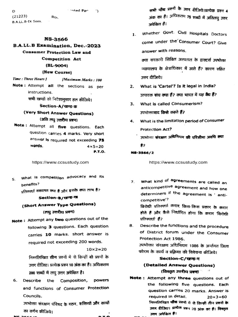 Ballb 9 Sem Consumer Protection Law and Competition Law Ns 3566 Dec ...