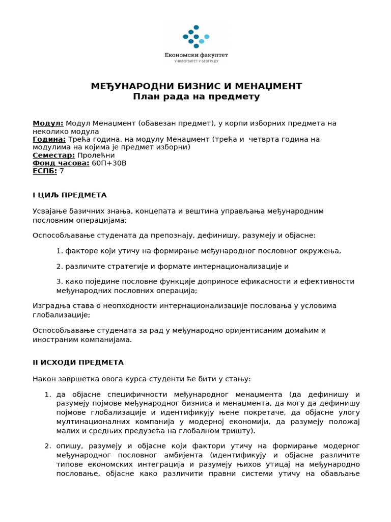 Obrazac Plan Rada Na Predmetu MBM 2022 23 | PDF