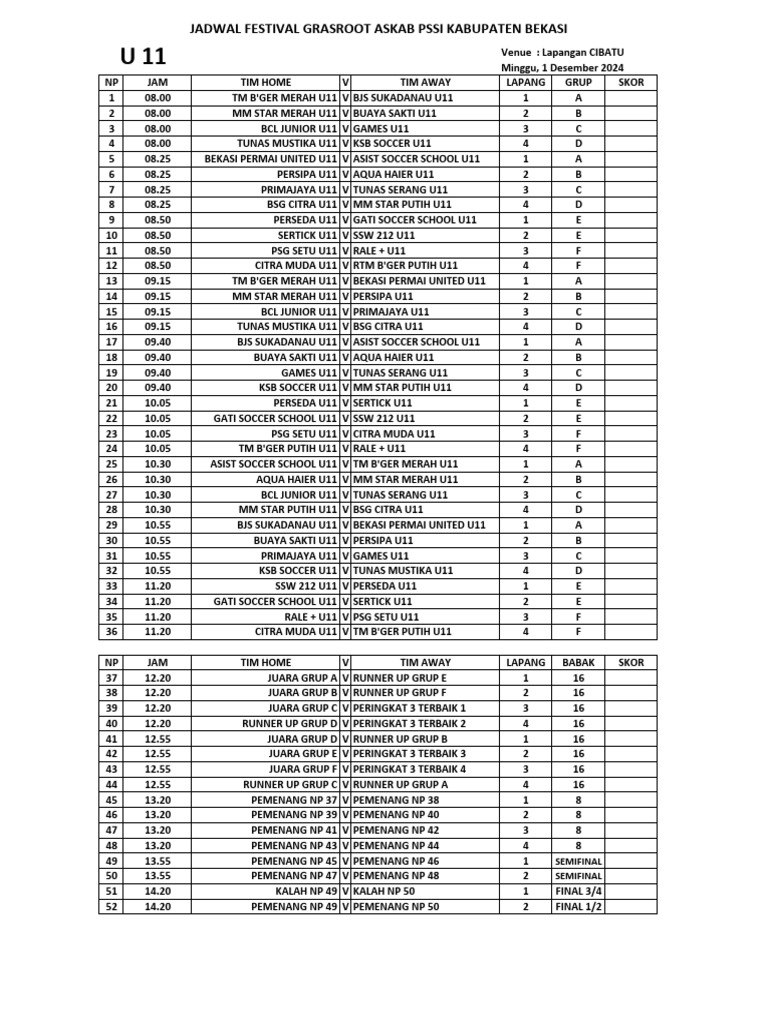 Jadwal Festival Sepak Bola U11 Bekasi | PDF