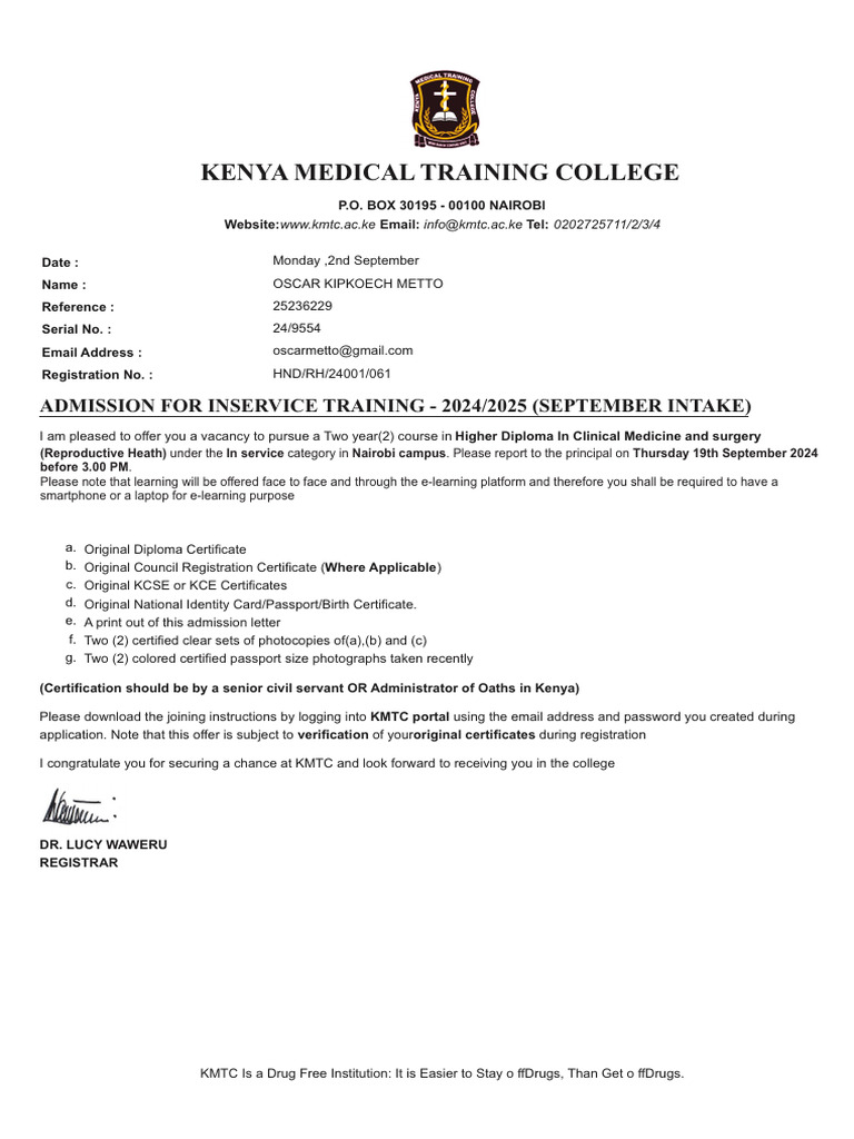 KMTC Inservice Admission Instructions 2024 | PDF