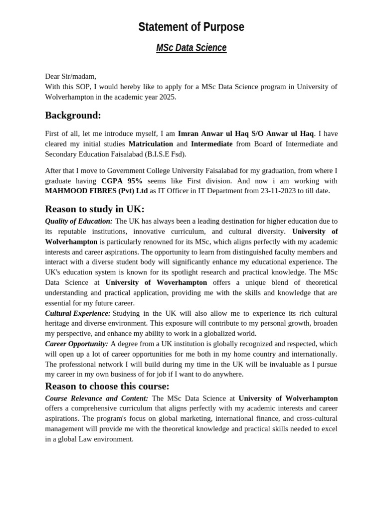 SOP for MSc Data Science at Wolverhampton | PDF | University | Cognition