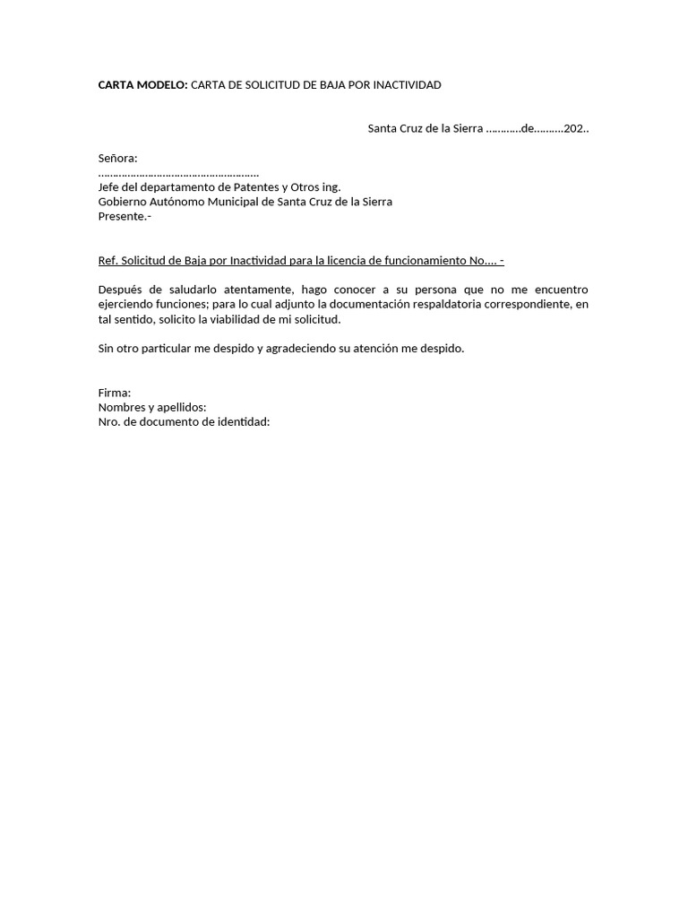 Carta de Solicitud de Baja Por Inactividad Carta Modelo | PDF