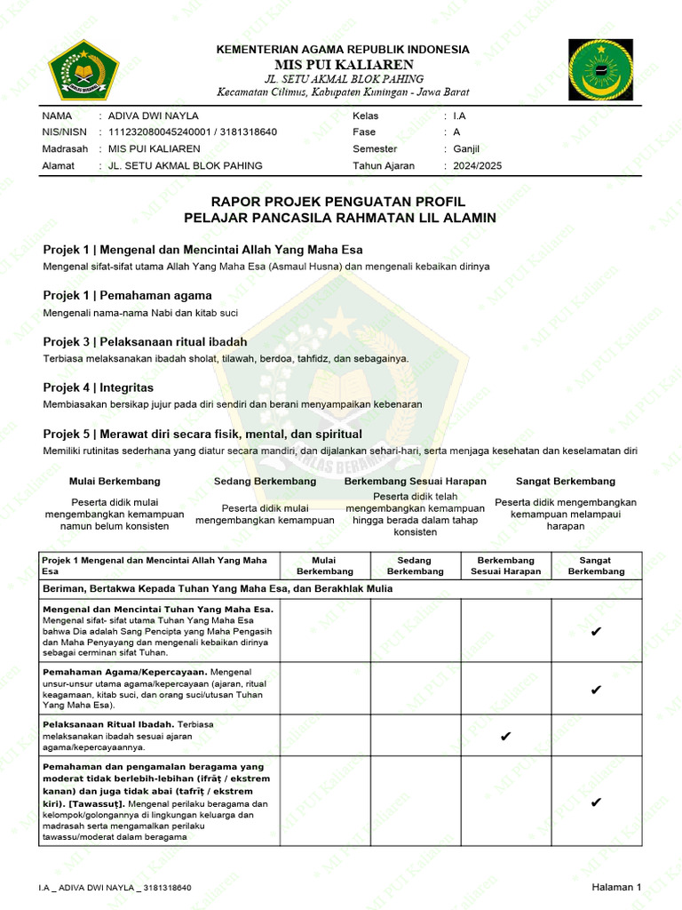 Rapor P5RA I.1 - ADIVA DWI NAYLA - 3181318640 | PDF