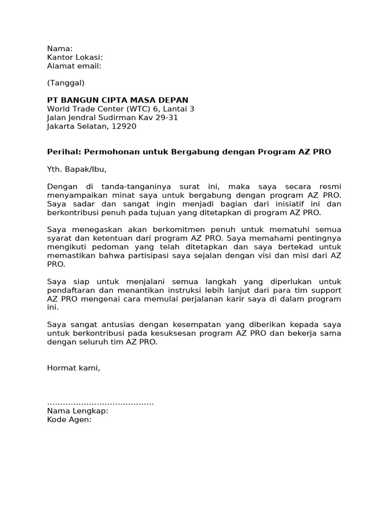 Surat-Permohonan-untuk-Bergabung-dengan-Program-AZ-PRO (1) | PDF