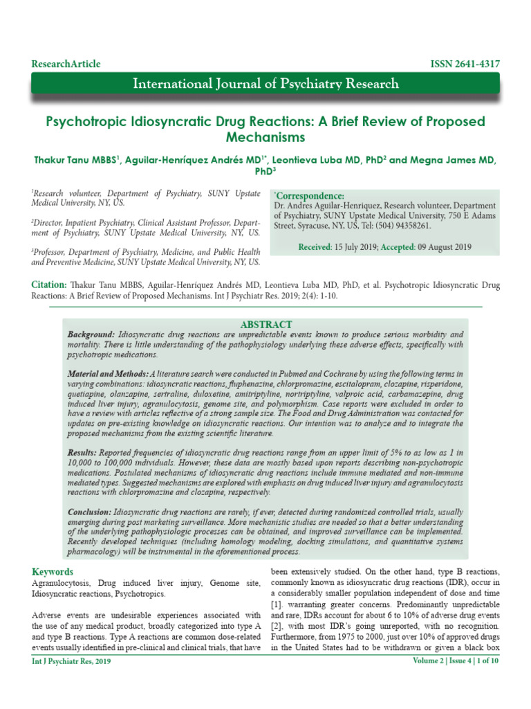 Psychotropic Idiosyncratic Drug Reactions a Brief Review of Proposed ...