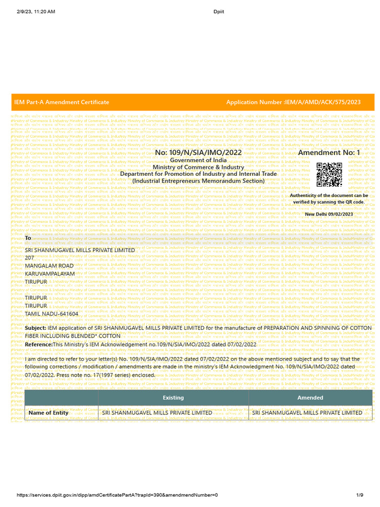 No: 109/N/SIA/IMO/2022 Amendment No: 1: Application Number:IEM/A/AMD ...