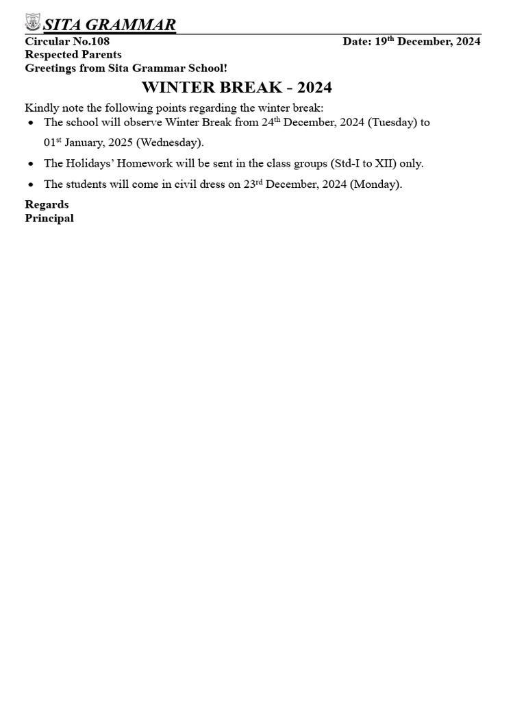 Circular No. - 108 WINTER BREAK | PDF