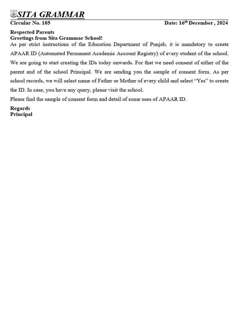 Circular No.105 REGARDING APAAR ID | PDF