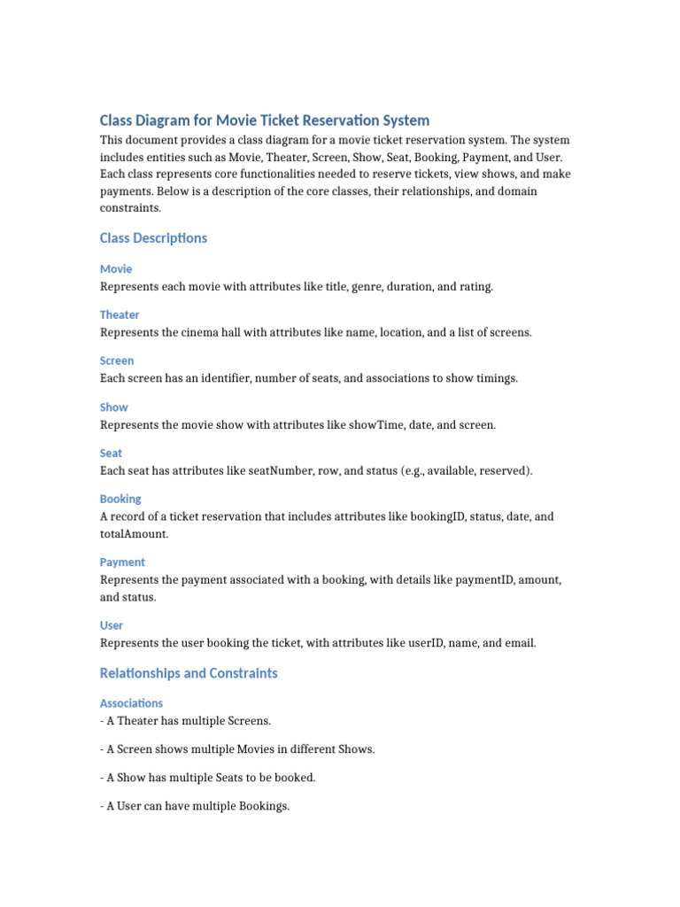 Class Diagram for Movie Ticket System | PDF