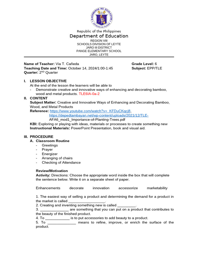 Lesson Plan in TLE | PDF