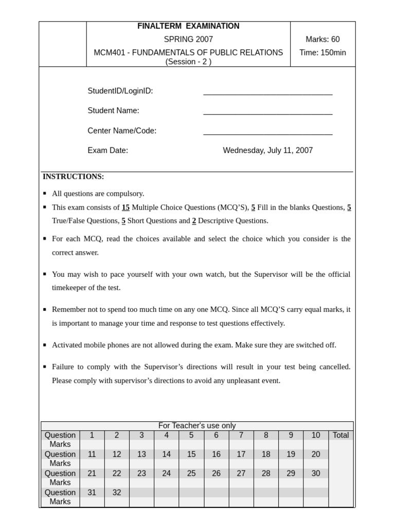 MCM401 Final Spring2007 S2 | PDF | Multiple Choice | Communication