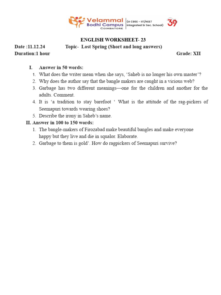 English worksheet class 12 | PDF