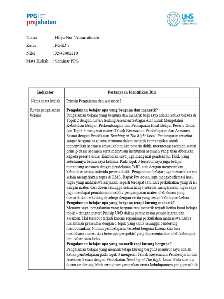 Jurnal Refleksi - Hilya Nur 'A - PPA I | PDF