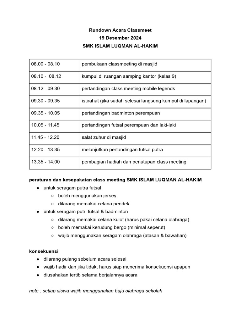 Rundown Acara Classmeet | PDF