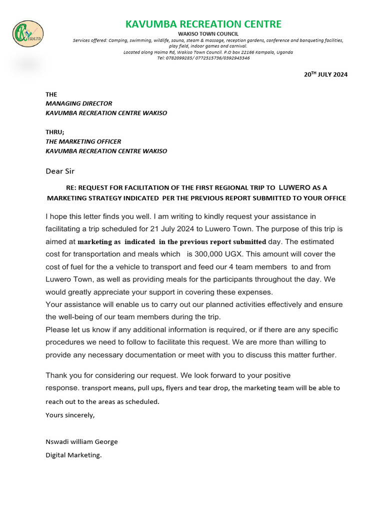 Kavumba Recreation Centre Marketing Trip Request | PDF