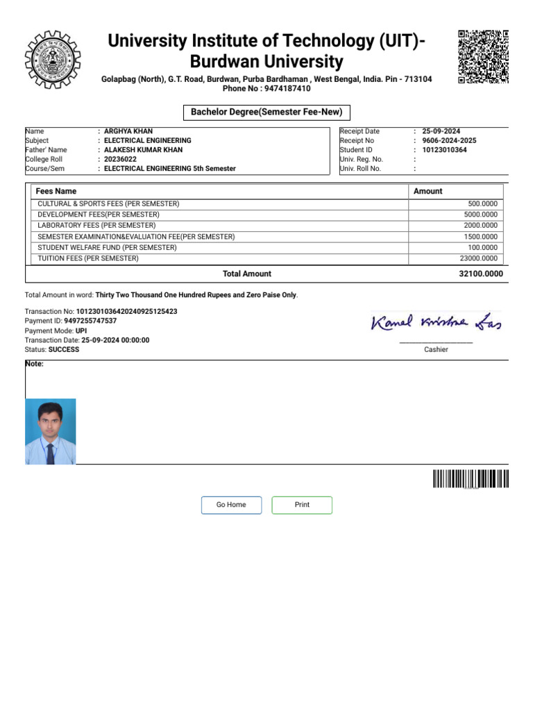 UIT Burdwan University Fee Receipt 2024 | PDF | Services (Economics ...