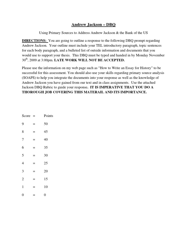 Andrew Jackson - DBQ: DIRECTIONS: You Are Going To Outline A Response ...