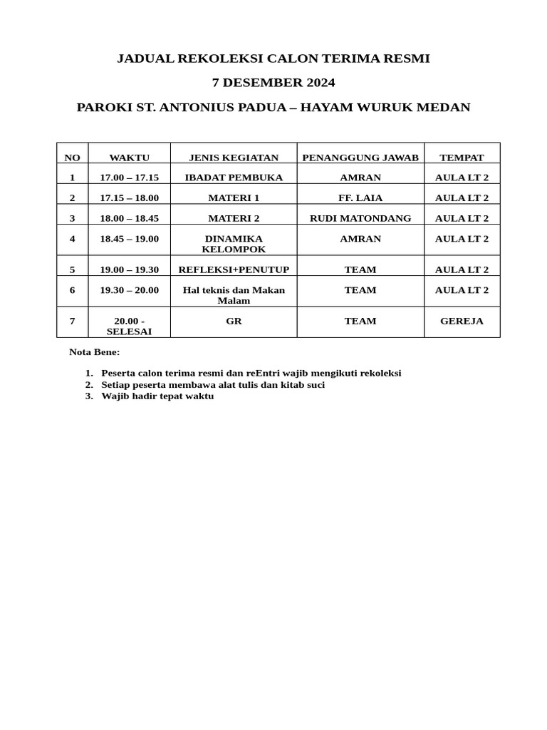 Jadual Rekoleksi Calon Terima Resmi | PDF