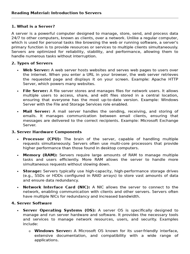 Introduction to Server - READING MATERIAL | PDF | Networking | Internet & Web