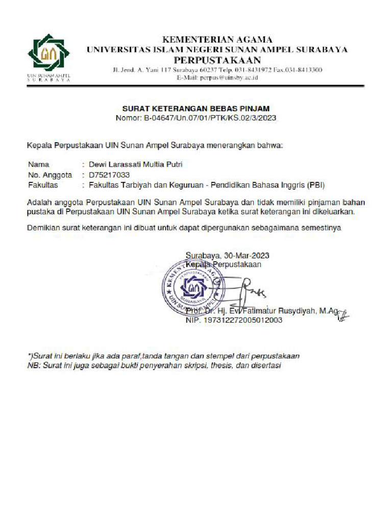 Contoh Surat Bebas Pinjam | PDF