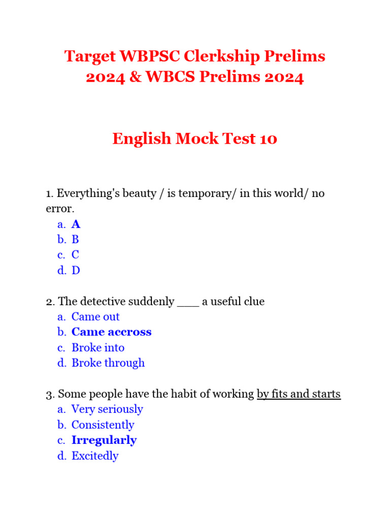 English Mock Test 10 Solved | PDF