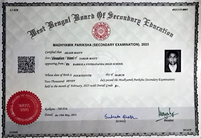 Madhyamik Exam Certificate 2023 | PDF