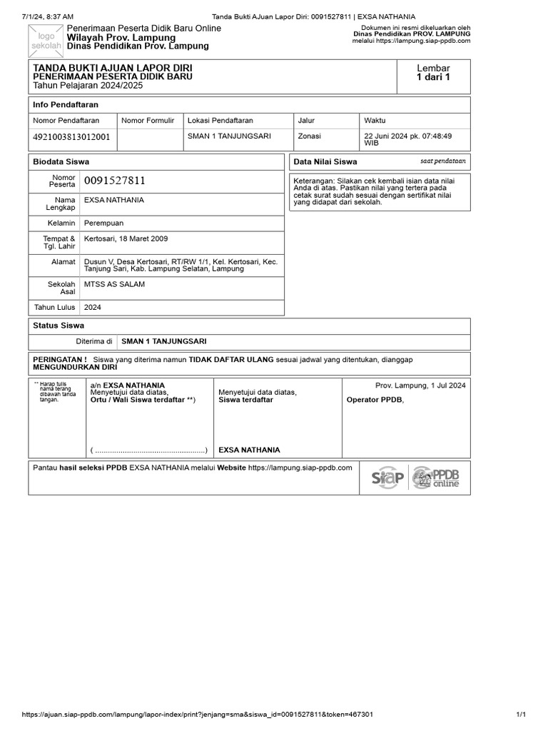 Tanda Bukti AJuan Lapor Diri - 0091527811 - EXSA NATHANIA | PDF
