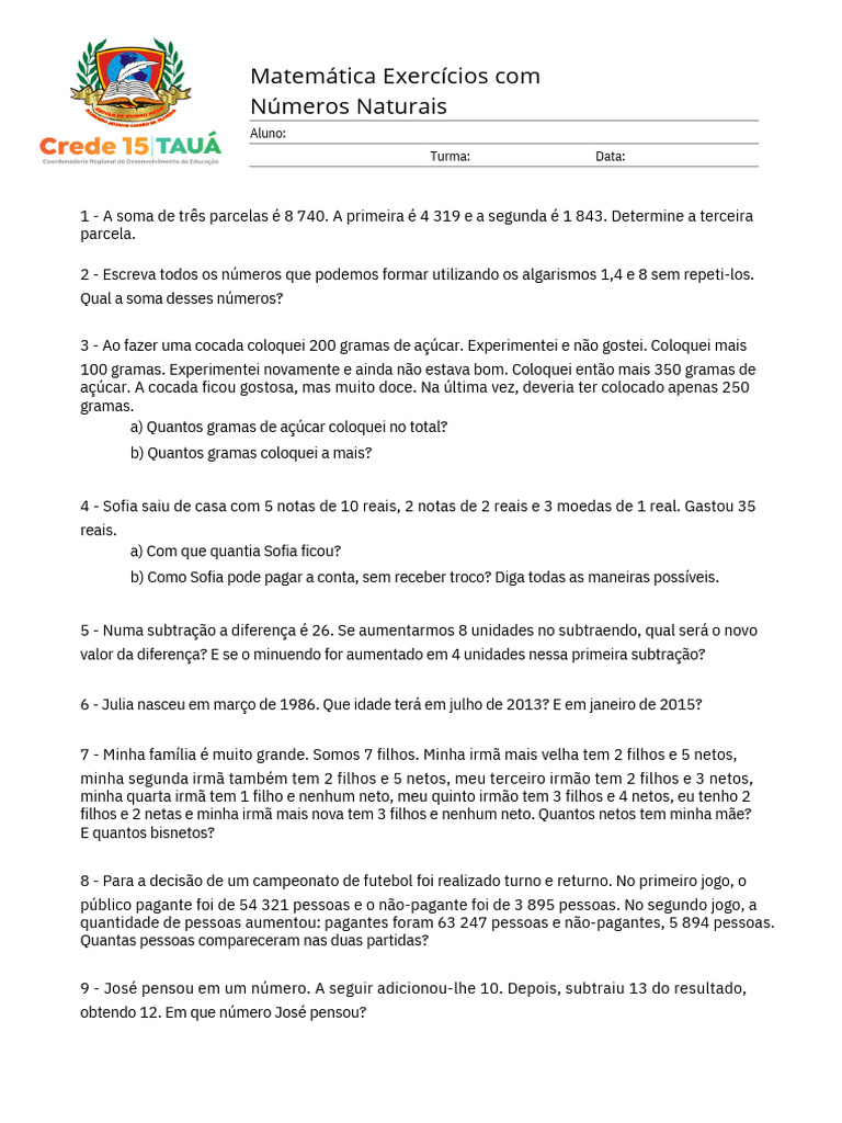 Exercícios de Matemática com Números Naturais | PDF
