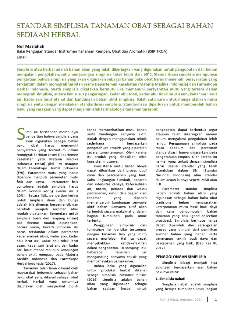 Standar Simplisia Tanaman Obat Herbal | PDF