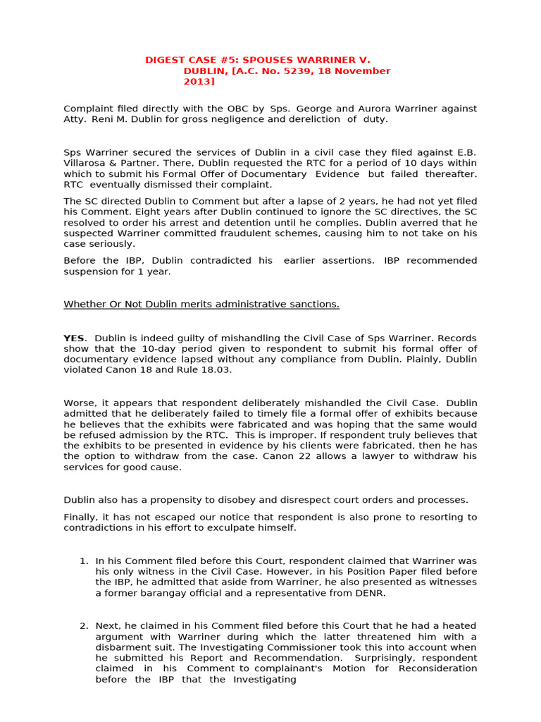 Digest WARRINER V. DUBLIN | PDF | Lawsuit | Complaint