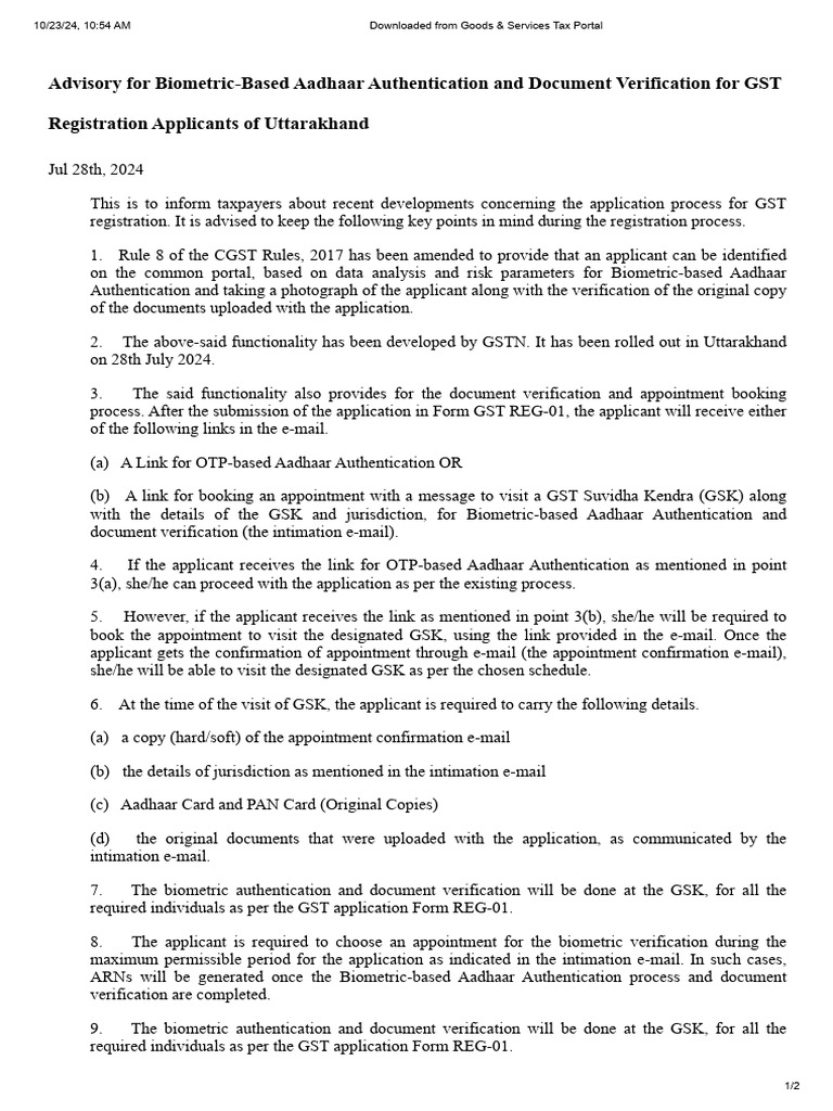 Biometric Based Aadhar Authentication - Mandatory For New Registration | PDF | Taxes