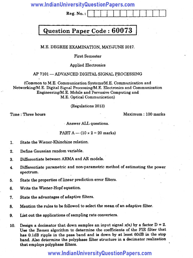 Anna Univ M.E AP7101 ADVANCED DIGITAL SIGNAL PROCESSING May June 2017 ...
