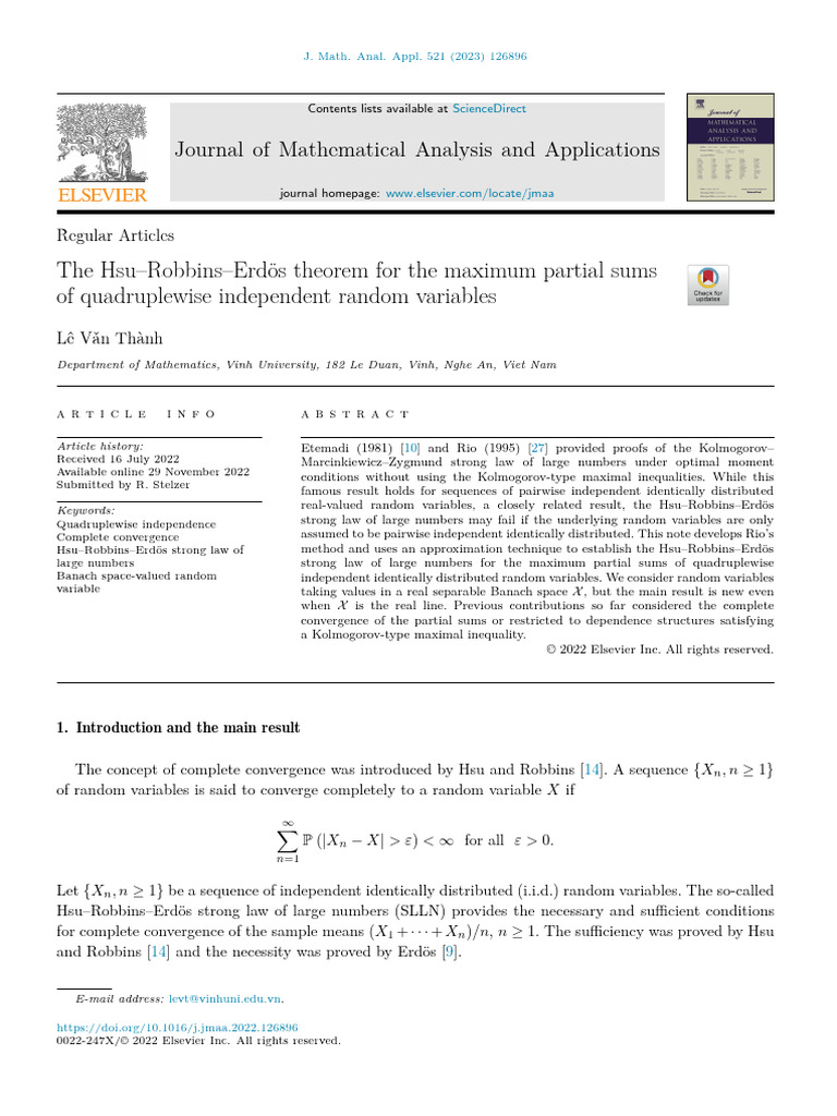 Thanh2023 The Hsu Robbins Erdos Theorem For The Maximum Partial Sums of Quadruplewise ...