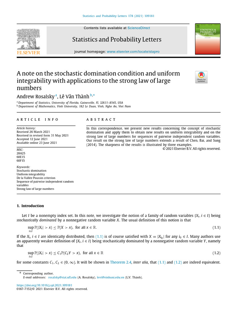 Stochastic Domination & Uniform Integrability | PDF | Stochastic ...