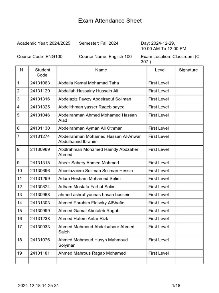 Exam Attendance Sheet (4) | PDF