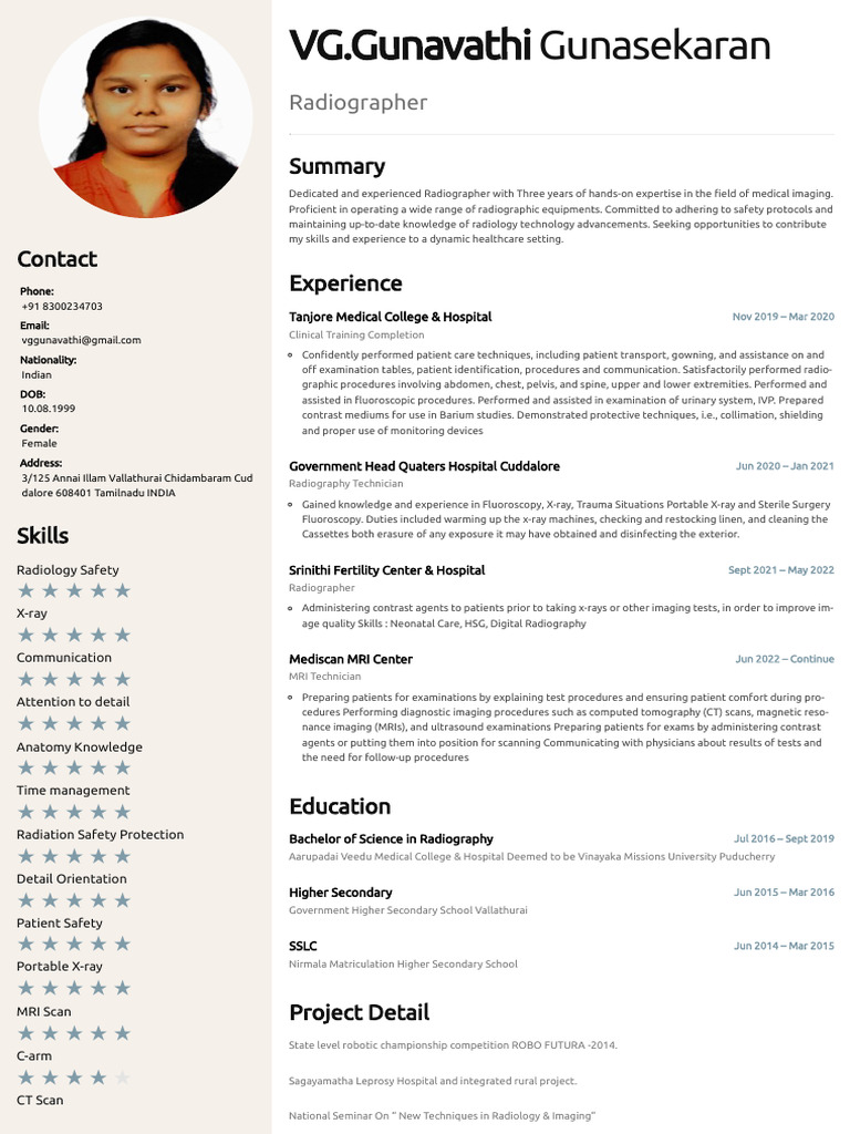 VG Gunavathi Resume 1 | PDF | Radiography | Medical Imaging