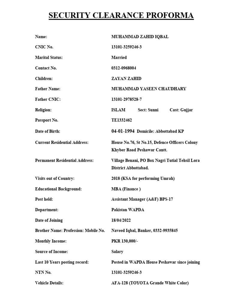 Security Clearance Proforma | PDF