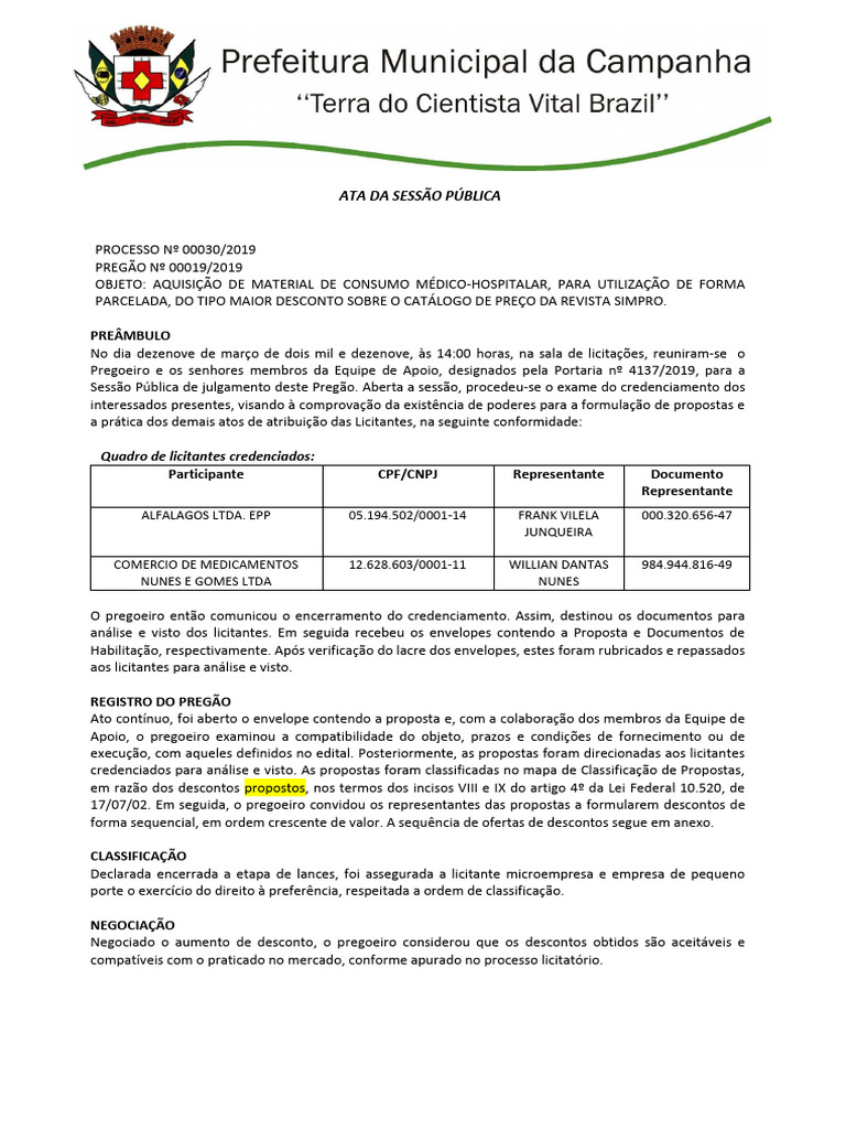 Ata Tabela Simpro 2019 | PDF