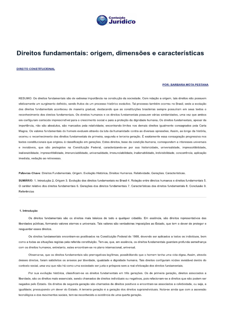 Direitos Fundamentais Origem Dimensoes Caracteristicas - Artigo - Leitura Complementar | PDF