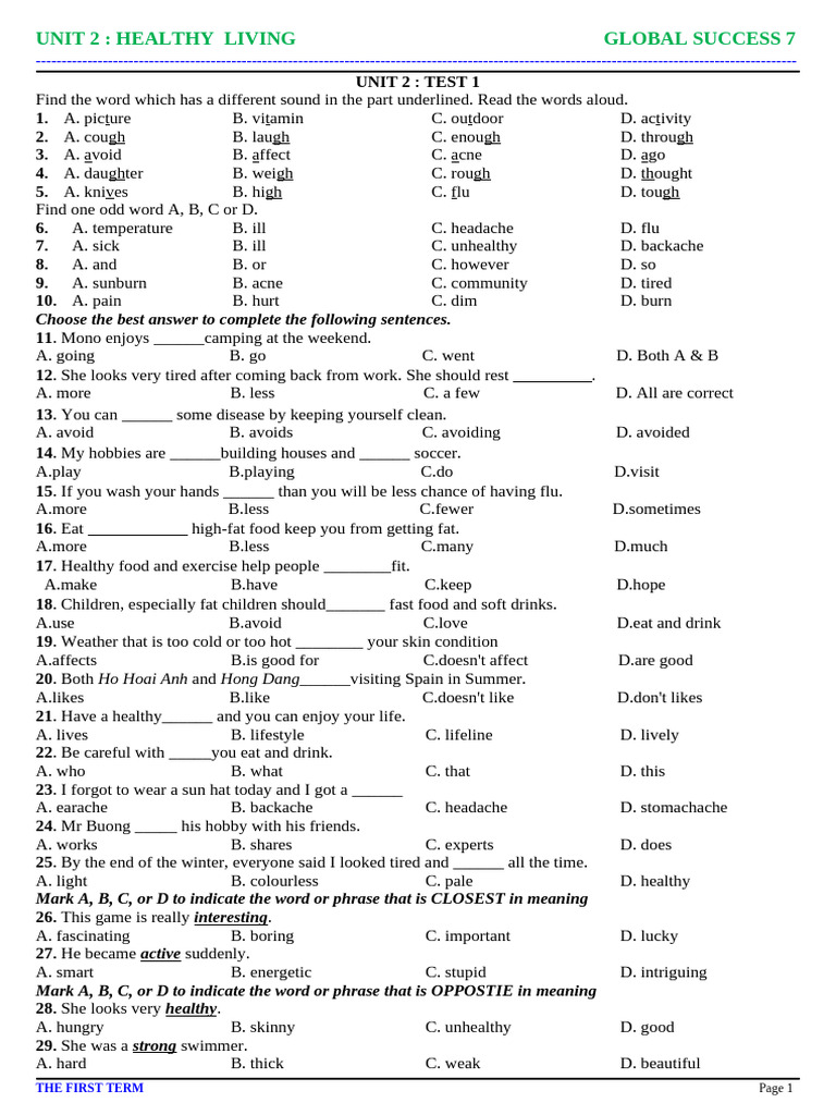 Healthy Living: English Language Exercises | PDF | Common Cold | Oral ...