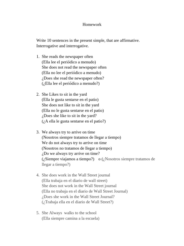 Homework Sentences Tati | PDF