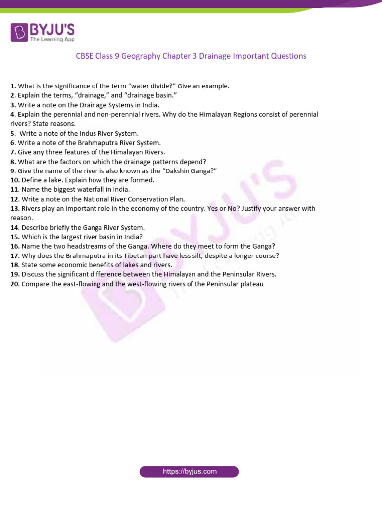 CBSE Class 9 Geography Chapter 3 Drainage Important Questions | PDF
