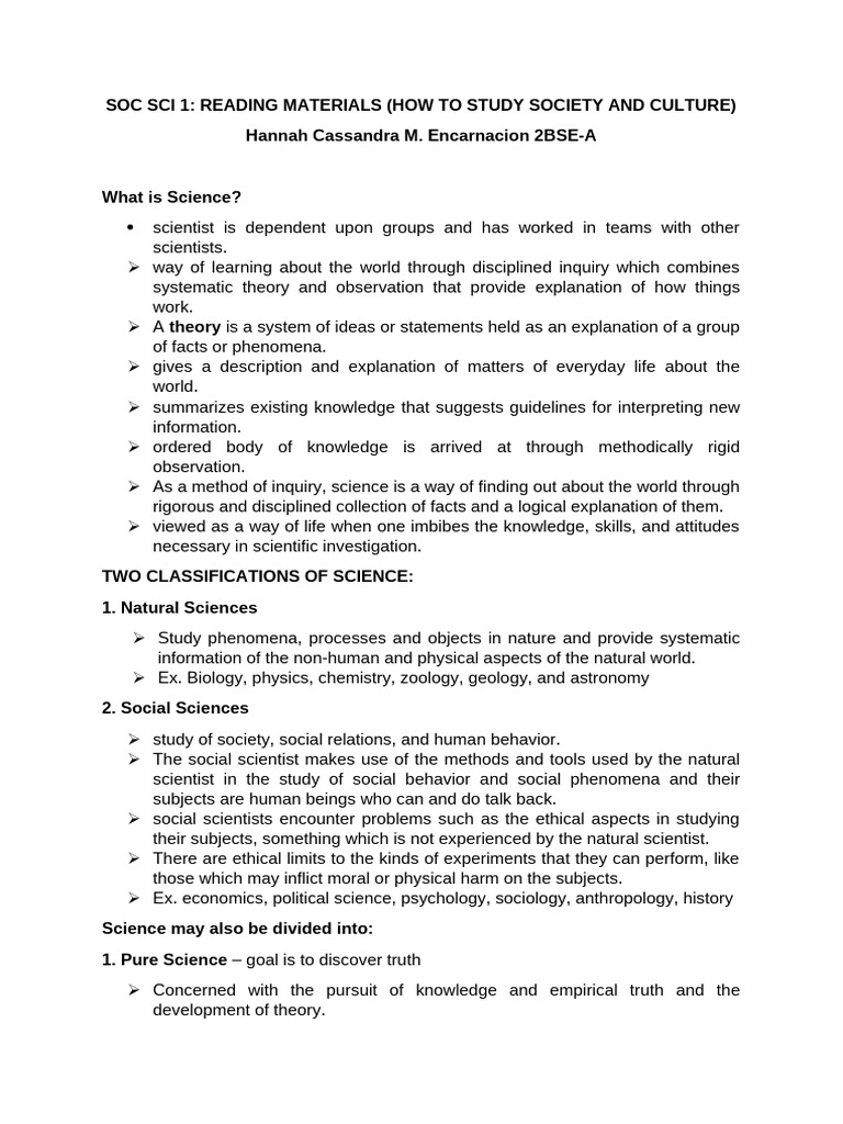 Soc Sci 1 Society and Culture Reading Material | PDF | Sociology | Science